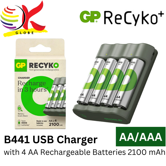 GP RECYKO B441 4-SLOT NIMH USB CHARGER WITH 4X 2100MAH AA RECHARGEABLE ...