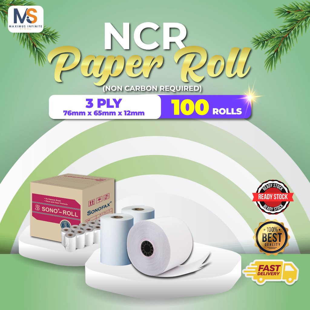 NCR Roll 3 ply / 76mm x 65mm x 12mm - 100 Rolls (White Paper) / NCR ...