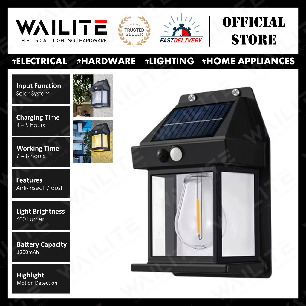 OUTDOOR SOLAR WALL LAMP WITH MOTION SENSOR DETECT ( WARMWHITE 2700K ) / LAMPU DINDING SOLAR ...