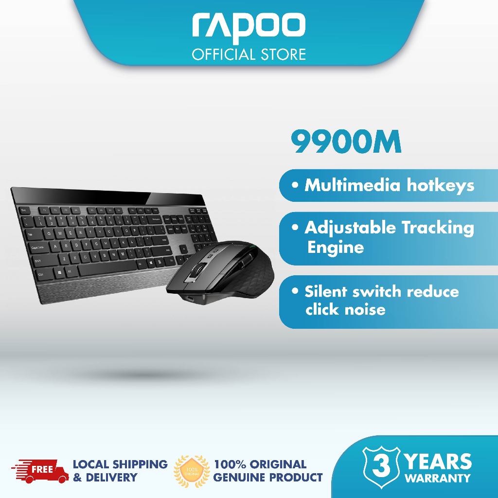 Rapoo Ultra Slim Silent Multi-Mode 2.4GHz Wireless Bluetooth Mouse And Keyboard 9900M | Shopee ...
