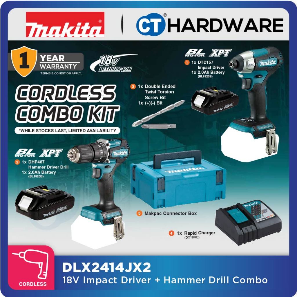 Makita DLX2414JX2 Cordless Combo Kit 18V DTD157 Impact Driver + DHP487 Hammer Driver Drill + 2x ...