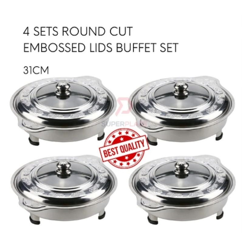 4 Sets 31cm Round Embossed Lids Stainless Steel Buffet Set Catering ...