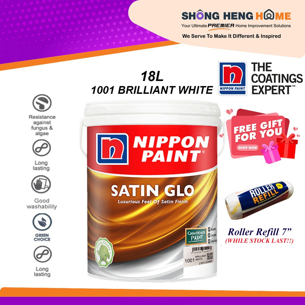 18L - Nippon Paint Satin Glo Interior Wall - 1001 Brilliant White ...