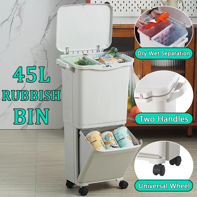 45L Rubbish Bin With Wheels Movable Recycle Large Trash Garbage Bin ...