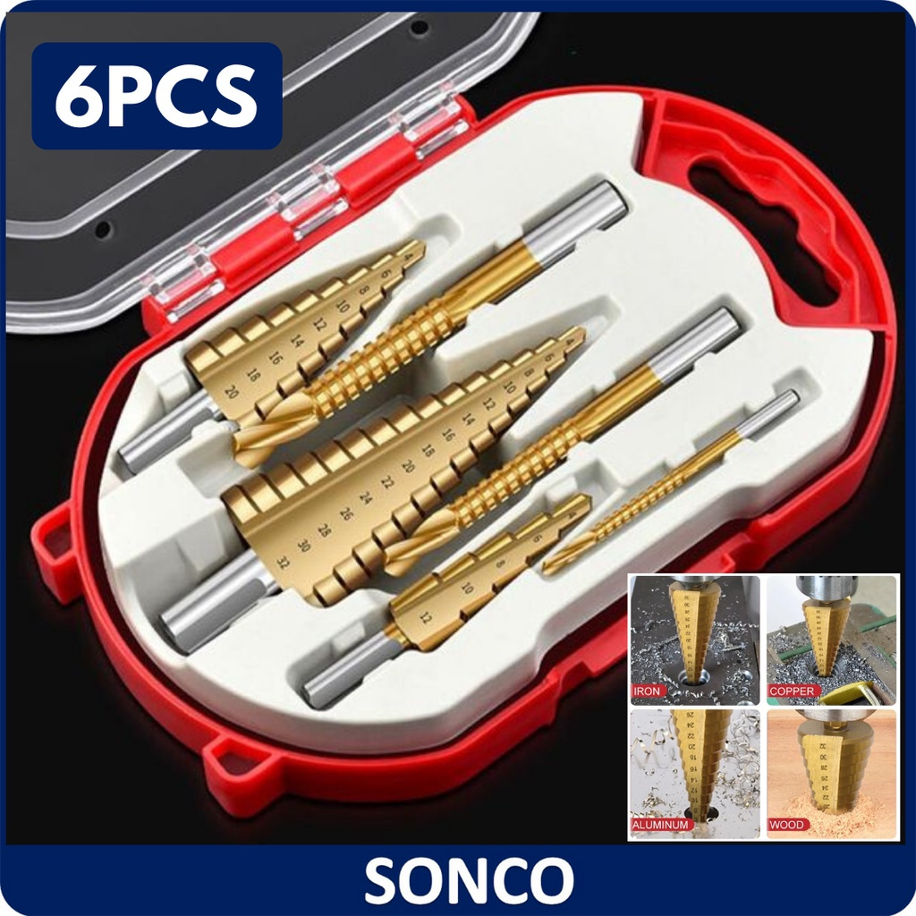 [With Box ] 4mm-32mm 6Pcs Gerudi Step Drill Bit Titanium Coated Hex ...
