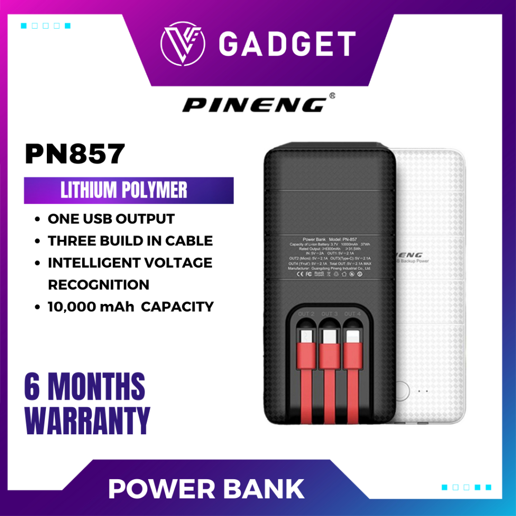 【VGADGET】PINENG PN-857 10000mAh Lithium Polymer Power Bank | Shopee ...