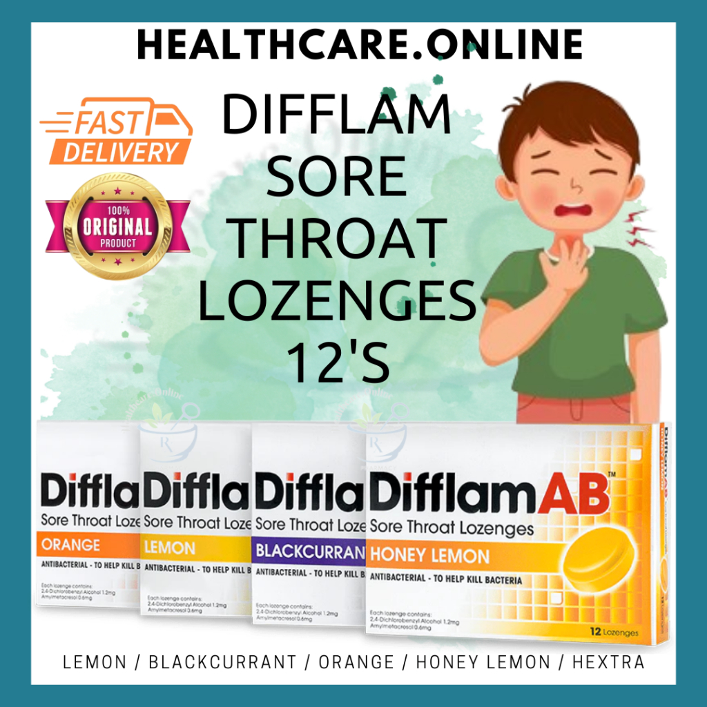 DIFFLAM SORE THROAT LOZENGES 12's [ LEMON / BLACKCURRANT / ORANGE ...