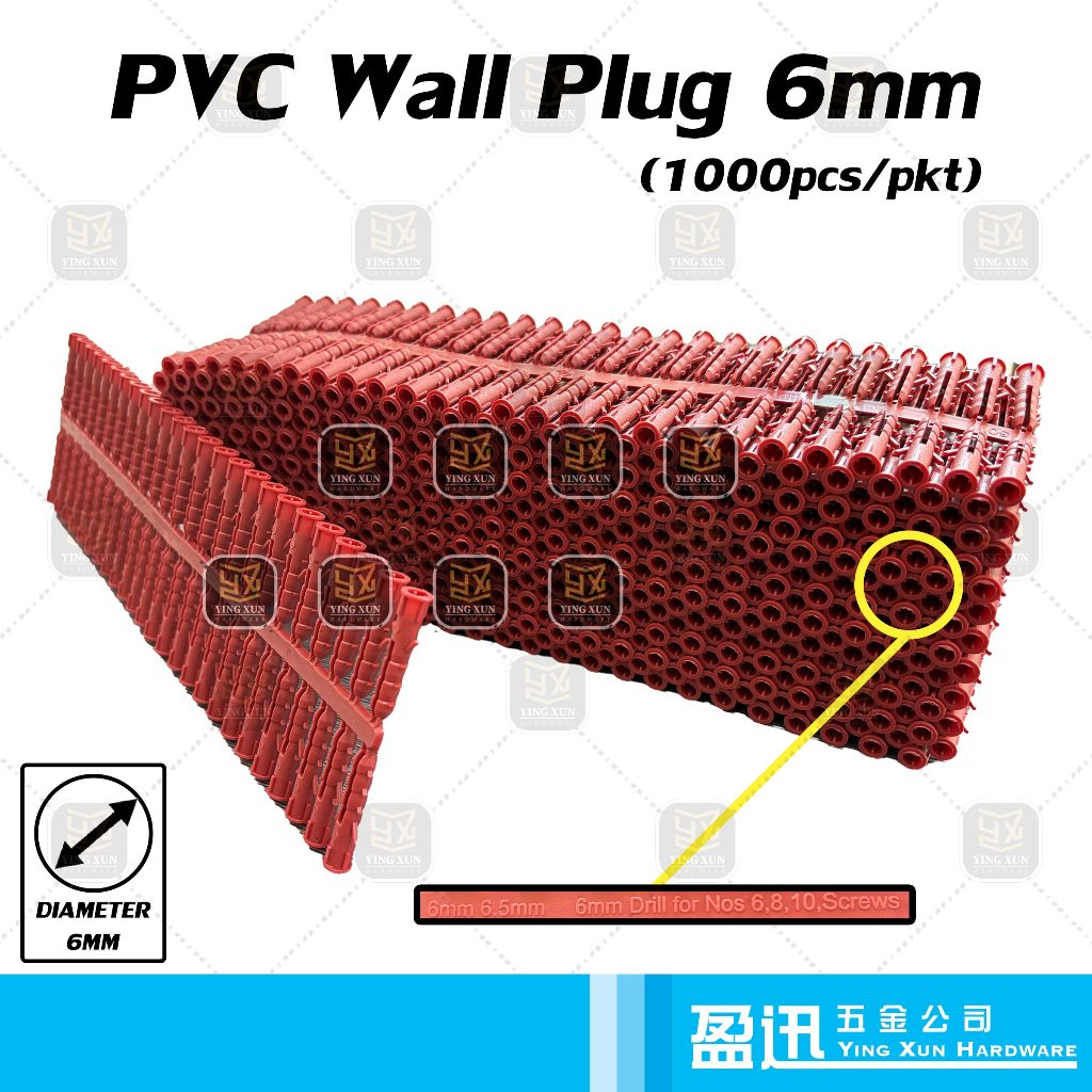 PVC Wall Plug PVC Expansion Sleeve Anchor 6mm x 1000pcs/pkt | Shopee ...