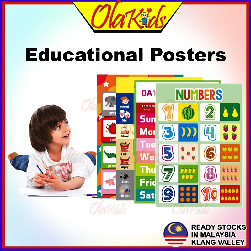 OLAKIDS 12 in 1 Set Kid Learning Wall Poster Chart Educational Poster Pendidikan Awal Prasekolah ...