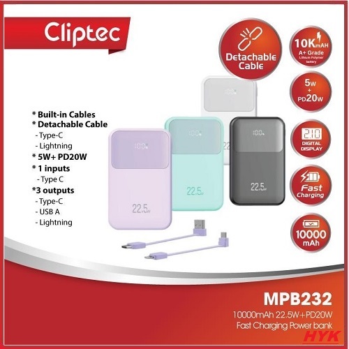 CLIPTEC MPB232 10000mAh 22.5W+PD20W Fast Charging Power bank | Shopee ...
