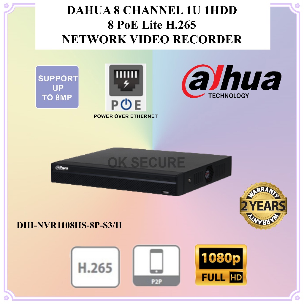 Dahua DHI-NVR1108HS-8P-S3/H 8 Channel Compact 1U 8PoE Lite H.265 8MP Network Video Recorder ...