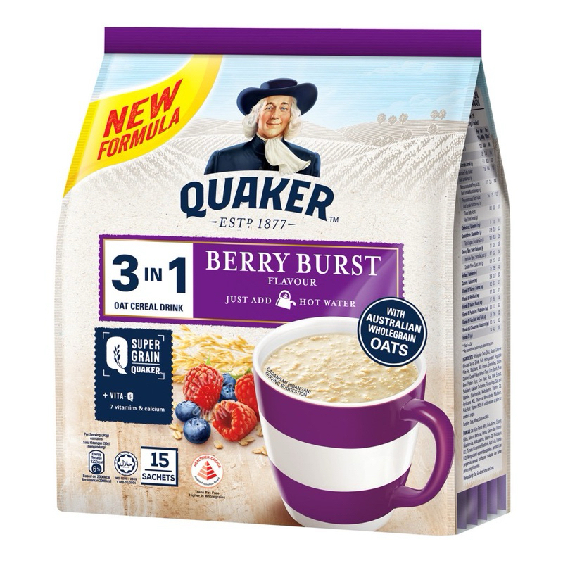 QUAKER 3 in 1 Oat Cereal Drink - Berry Burst (30g x 15's) | Shopee Malaysia