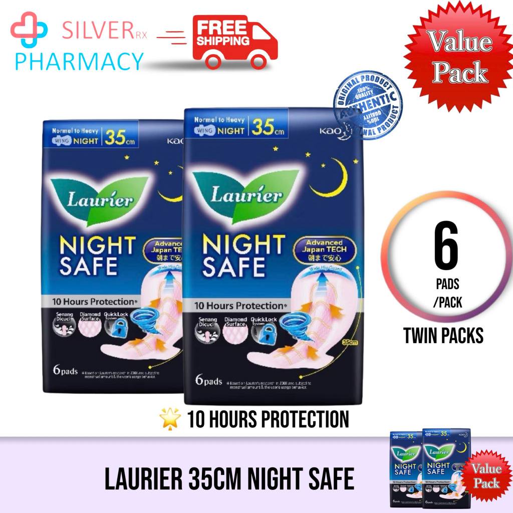 Laurier Night Safe 35cm Sanitary Pads with wings 6's [Single/Twin ...