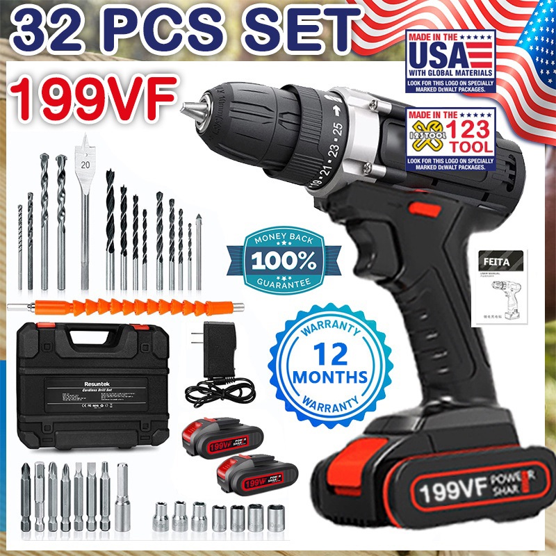 32 pcs set 199V Impact Drill Set Cordless Hand Drill Set Electric ...