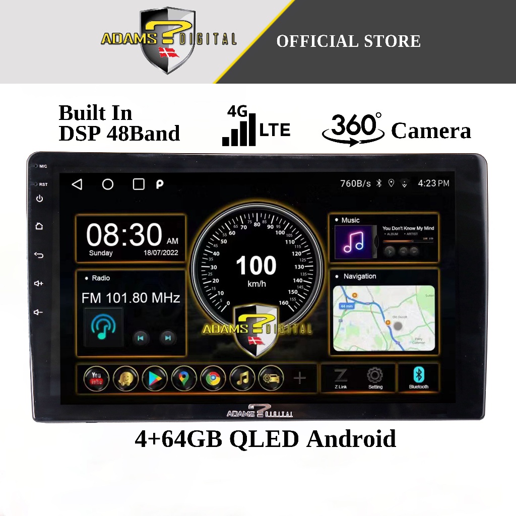 Adams Digital QLED Android Player 4+64GB Built in DSP 48 Band 4G 360 ...