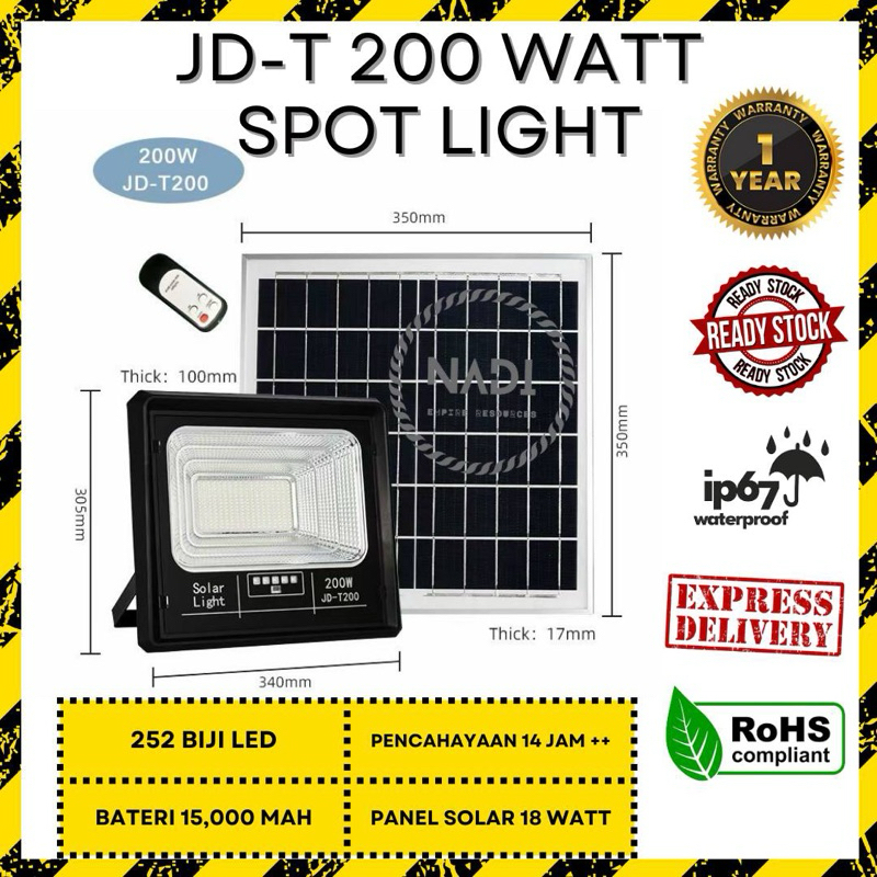 JD T-SERIES 200 WATT LED SOLAR SPOT LIGHT 200W / LAMPU SOLAR SPOTLIGHT ...