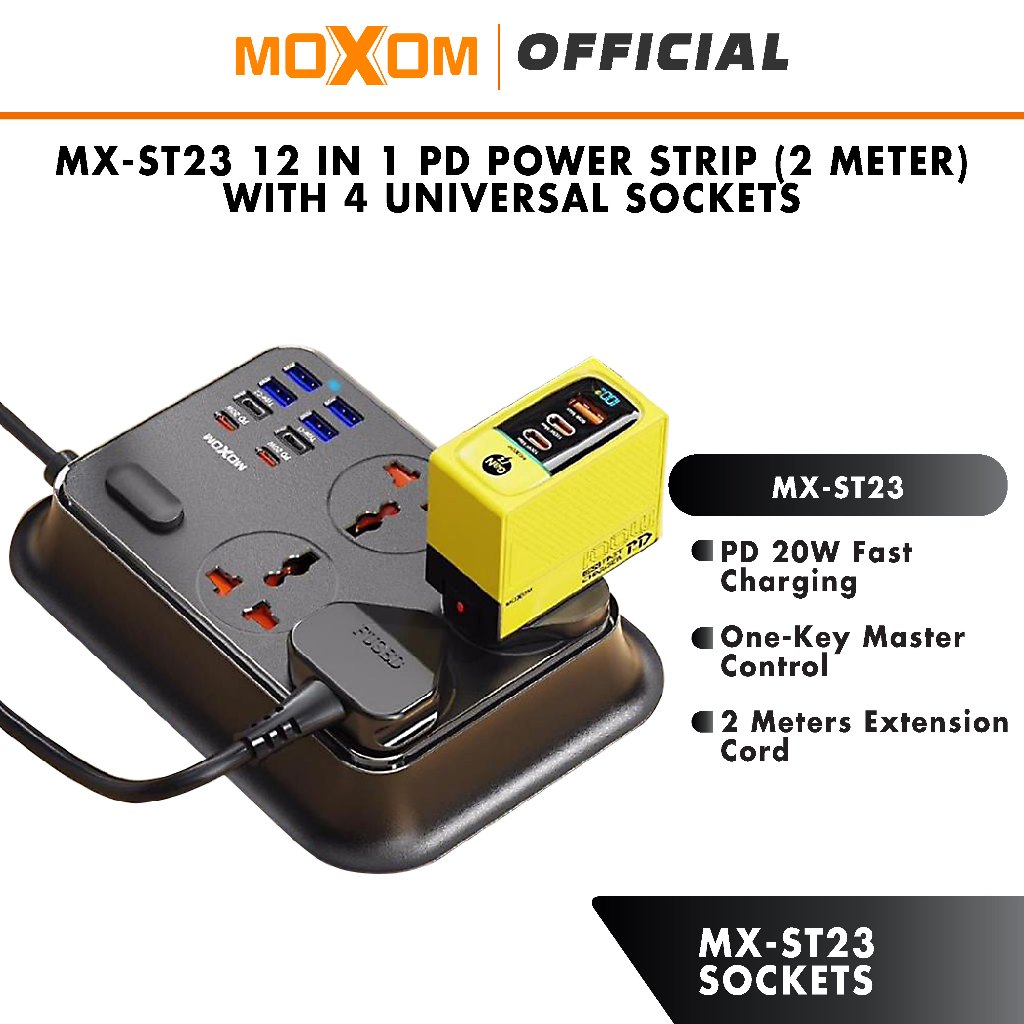 Moxom MX-ST23 12 in 1 PD Power Strip (2 Meter) with 4 Universal Socket ...