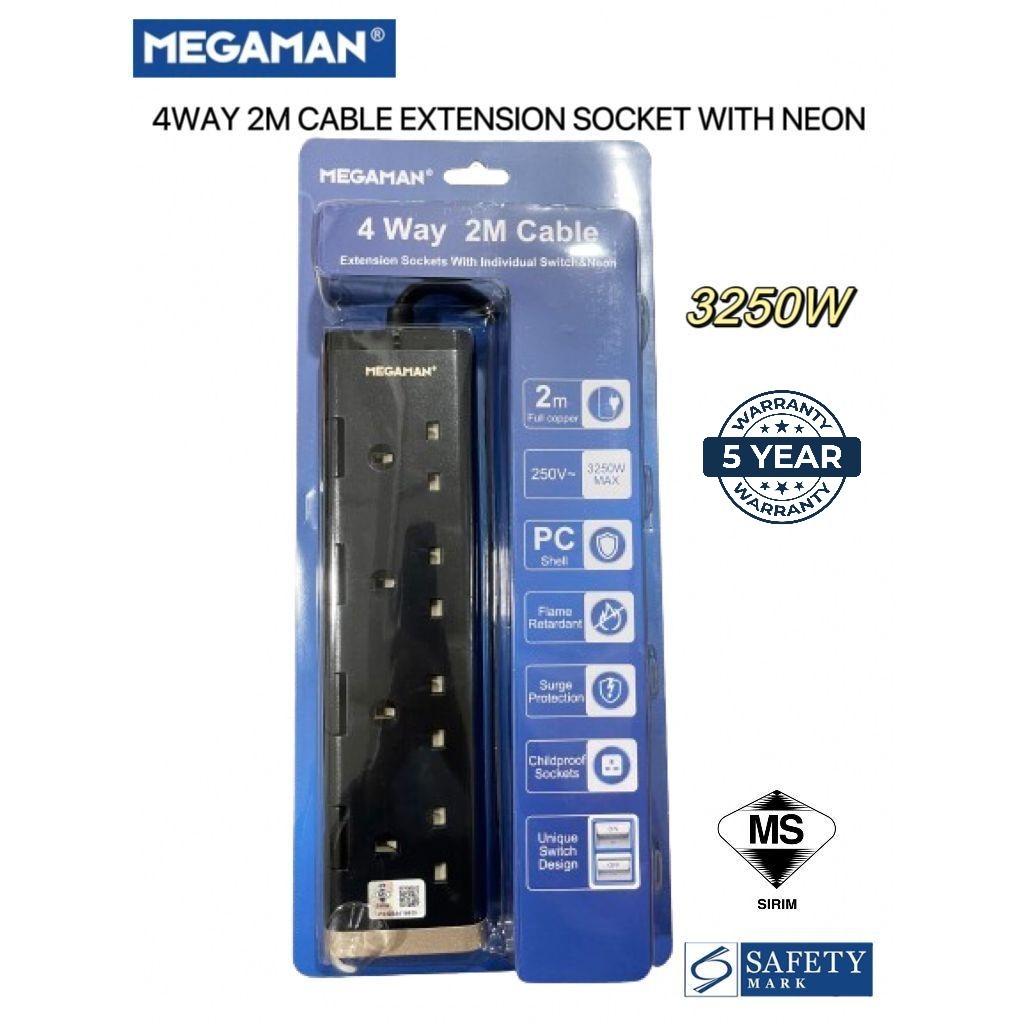 MEGAMAN Soket Sambungan Kuasa (4 Lubang + 2 USB + 1 Type-C) – Soket ...