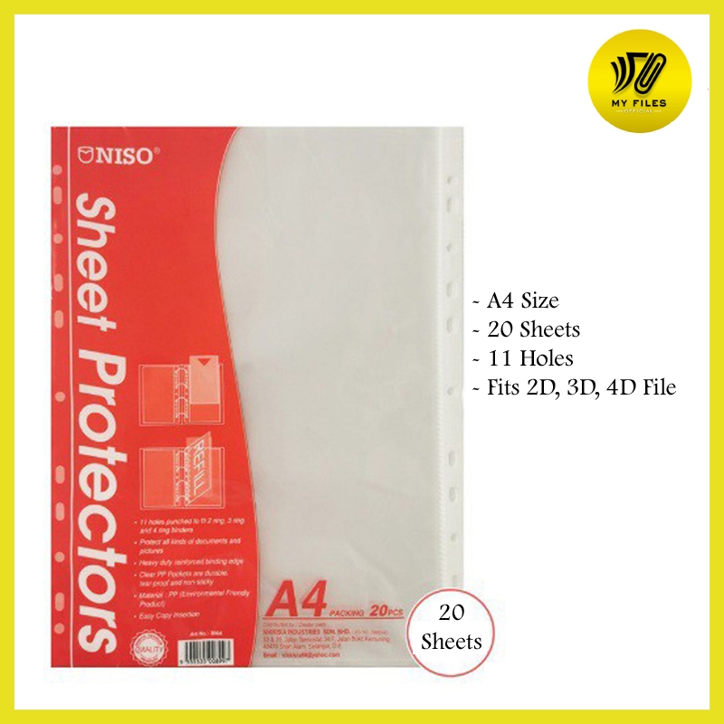 Niso Sheet Protector A4 Size 20 Sheets Clear 11 Holes Transparent ...