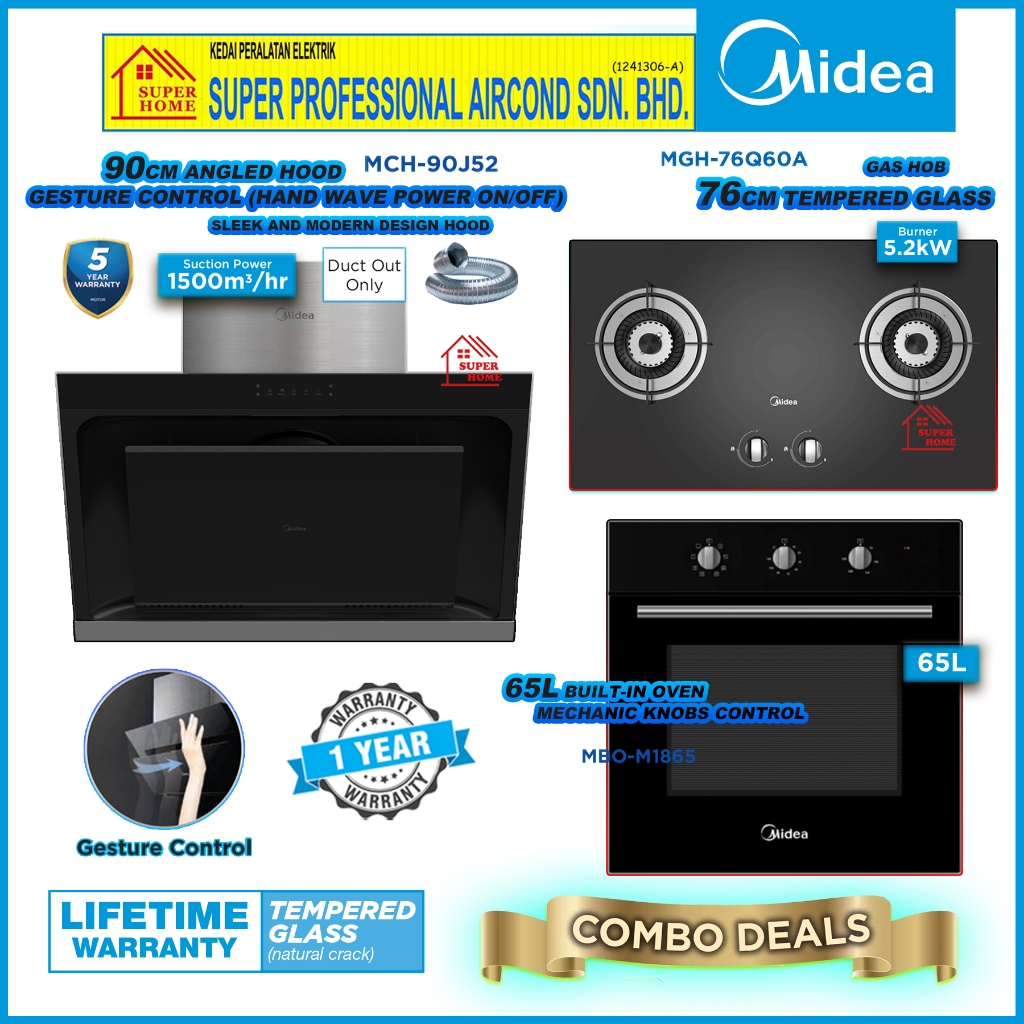 Midea Hood MCH-90J52 90cm Angle Cooker Hood / Midea Built-in Glass Hob ...