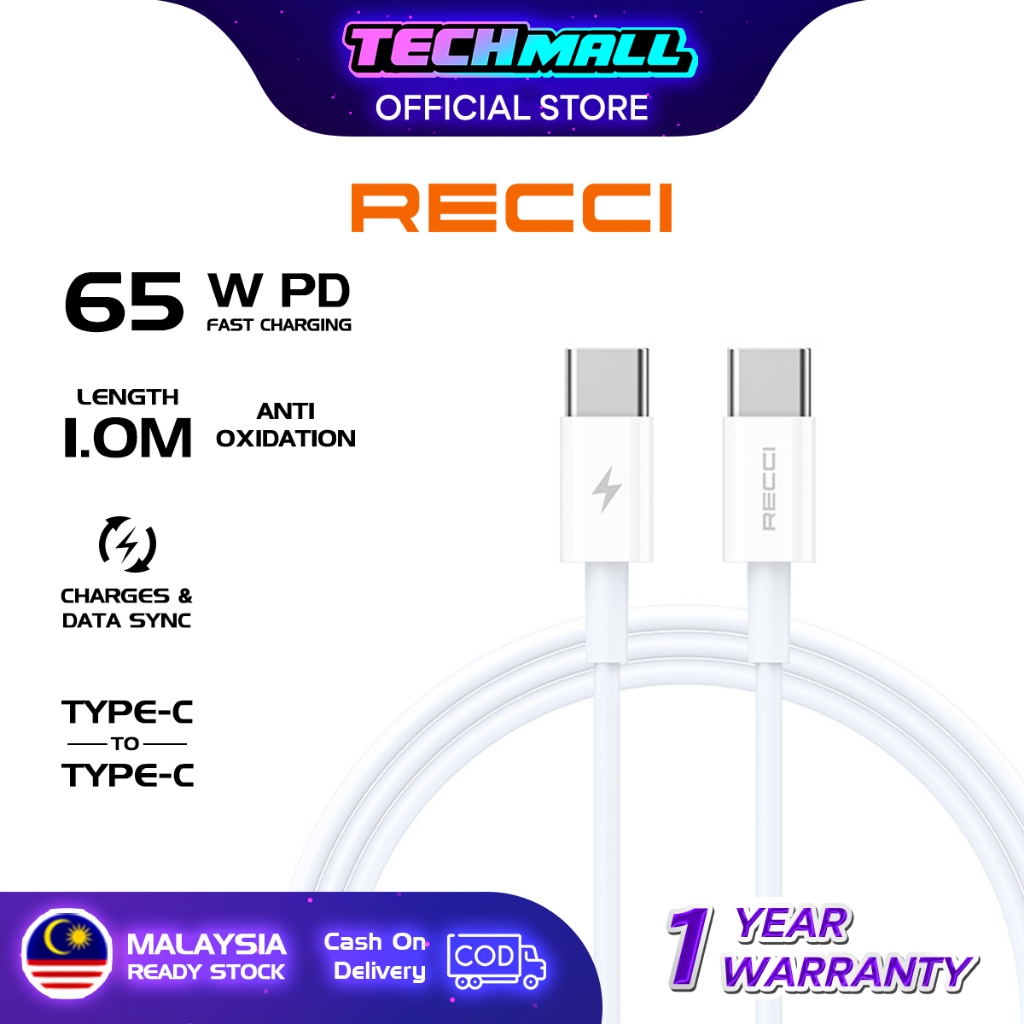 RECCI RS06CC 65W TYPE-C TO TYPE-C FAST CHARGING CABLE 1M | Shopee Malaysia