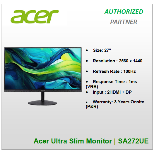 Acer Ultra Slim Monitor | SA272UE 27", 100Hz, 2HDMI + DP | Shopee Malaysia
