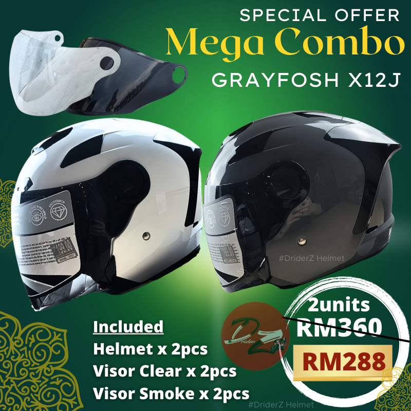 (Mega Combo) Grayfosh X12J Helmet Open Face Inspired by SHOEI X-12 ...