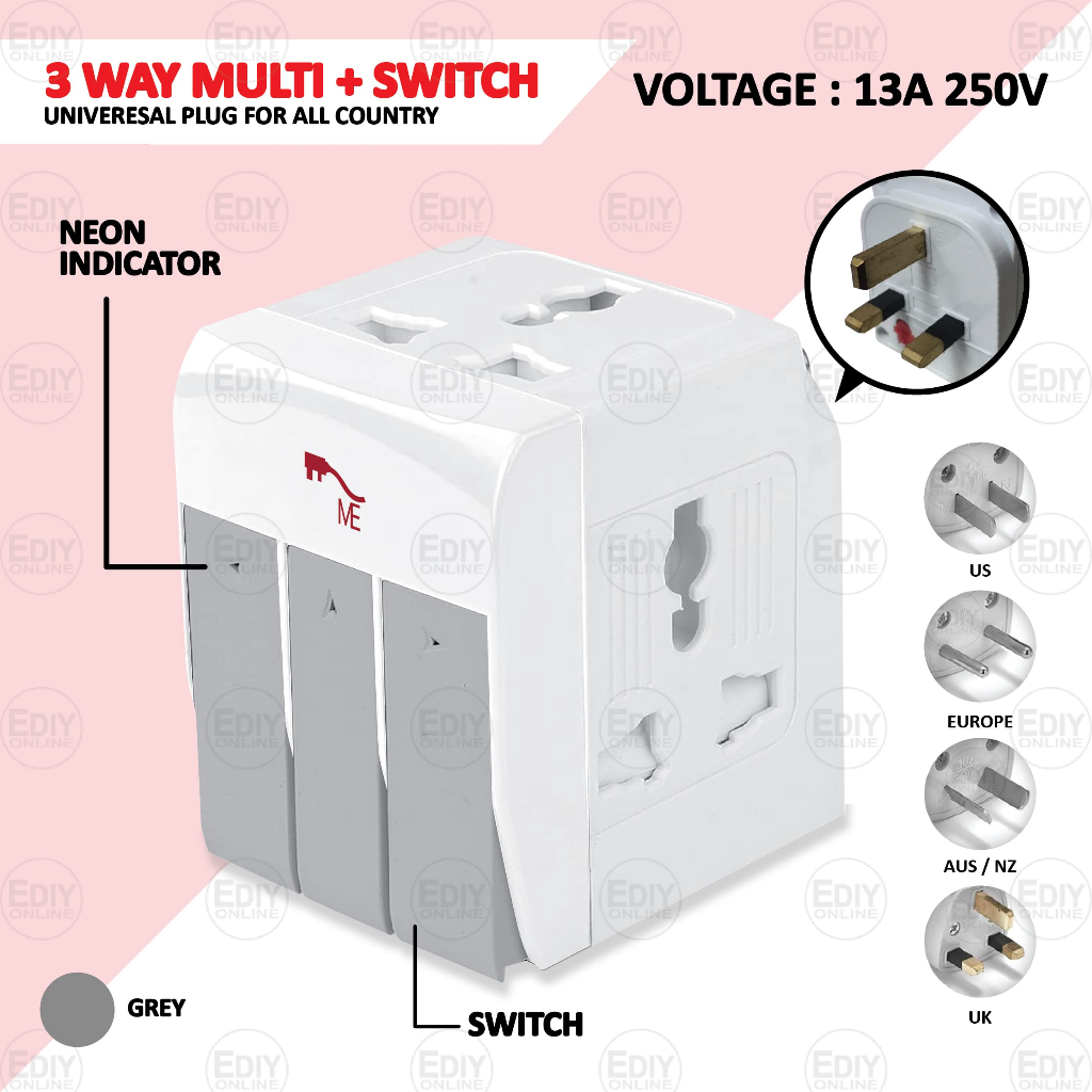 3 WAY ADAPTOR ADAPTER SWITCH USB SOCKET OUTLET PLUG EXTENSION WALL ...