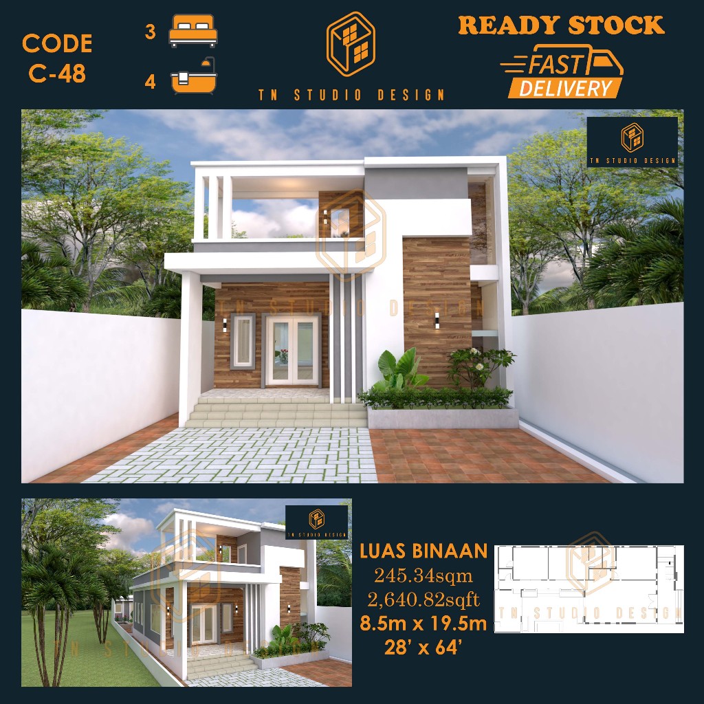 Pelan rumah 3 bilik 4 tandas 33' x 64' (Code C-48)(pelan lengkap ...