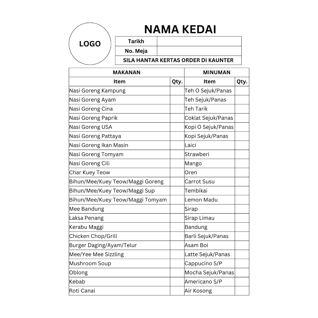 kertas menu order restoran kedai makan printed saiz A6 105x148mm boleh ...