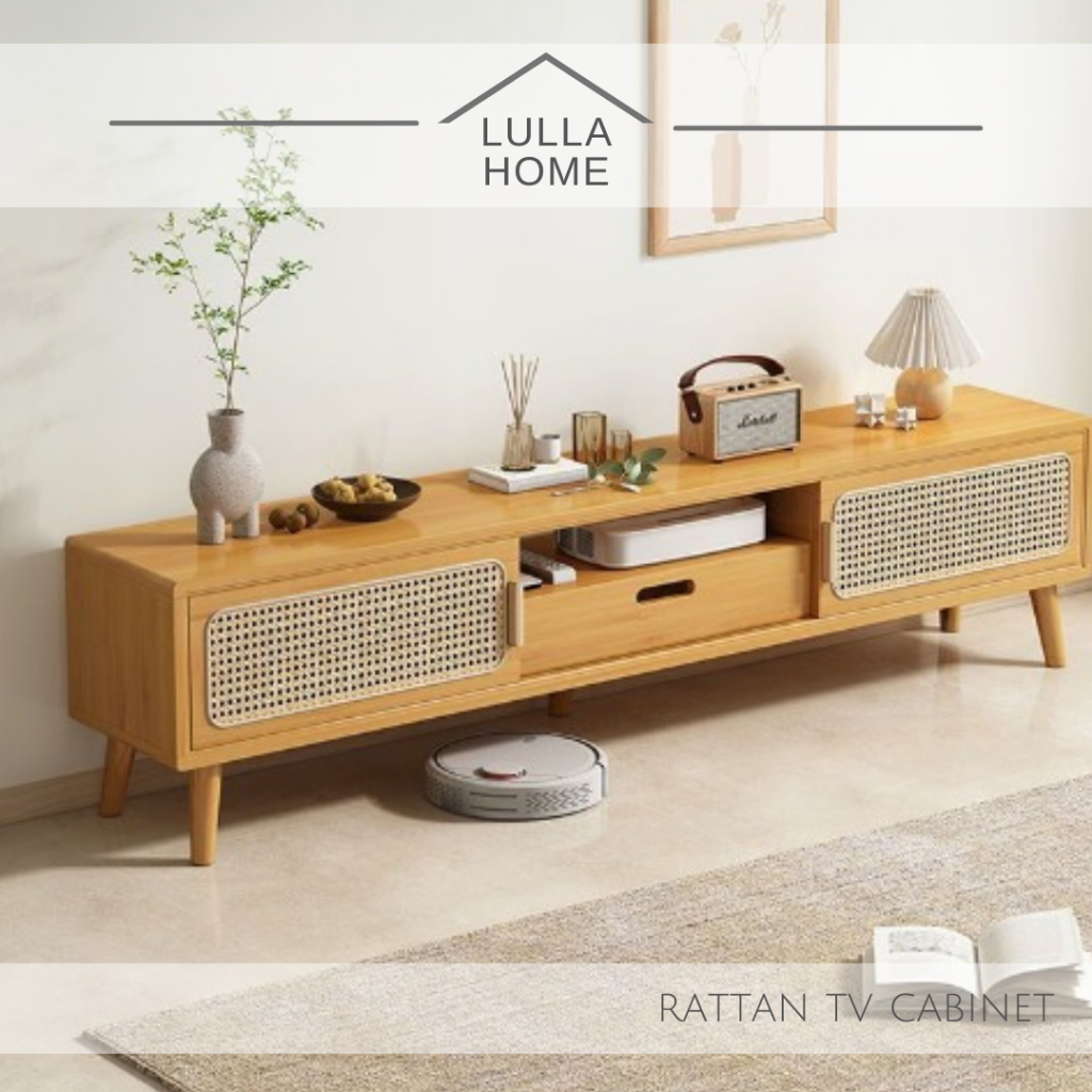 LullaHome 160cm Japanese Aesthetic Muji Style Home Living Television Cabinet Breathable Rattan ...