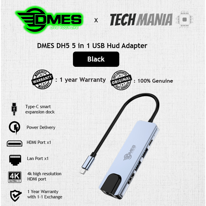 [READY STOCK] DMES DH5 Type-C 5 in 1 Multi Function USB Hub Adapter with Expansion Port USB 3.0 ...