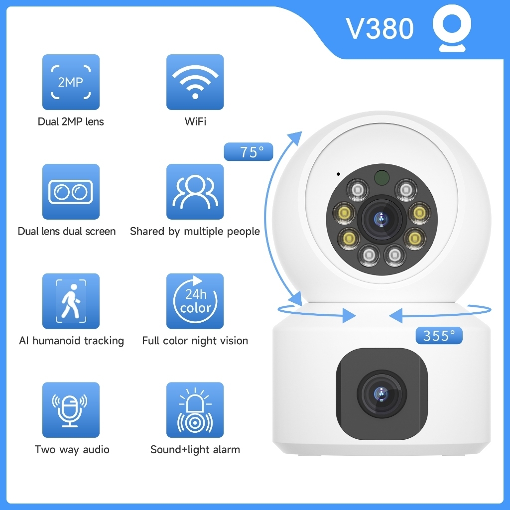 V380 Wifi CCTV Camera 4MP(2MP+2MP) HD Multi Night Vision Dual Lens ...