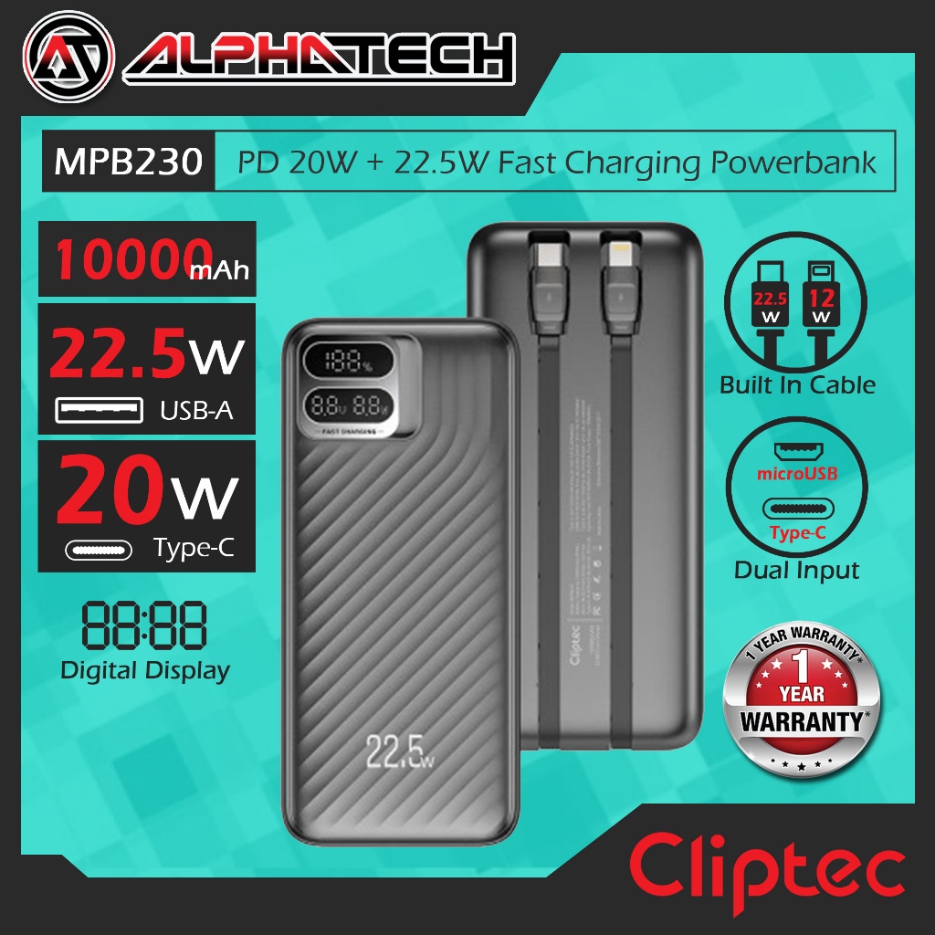 Cliptec MPB230 10000mAh 22.5W + PD20W Fast Charging Power Bank With ...
