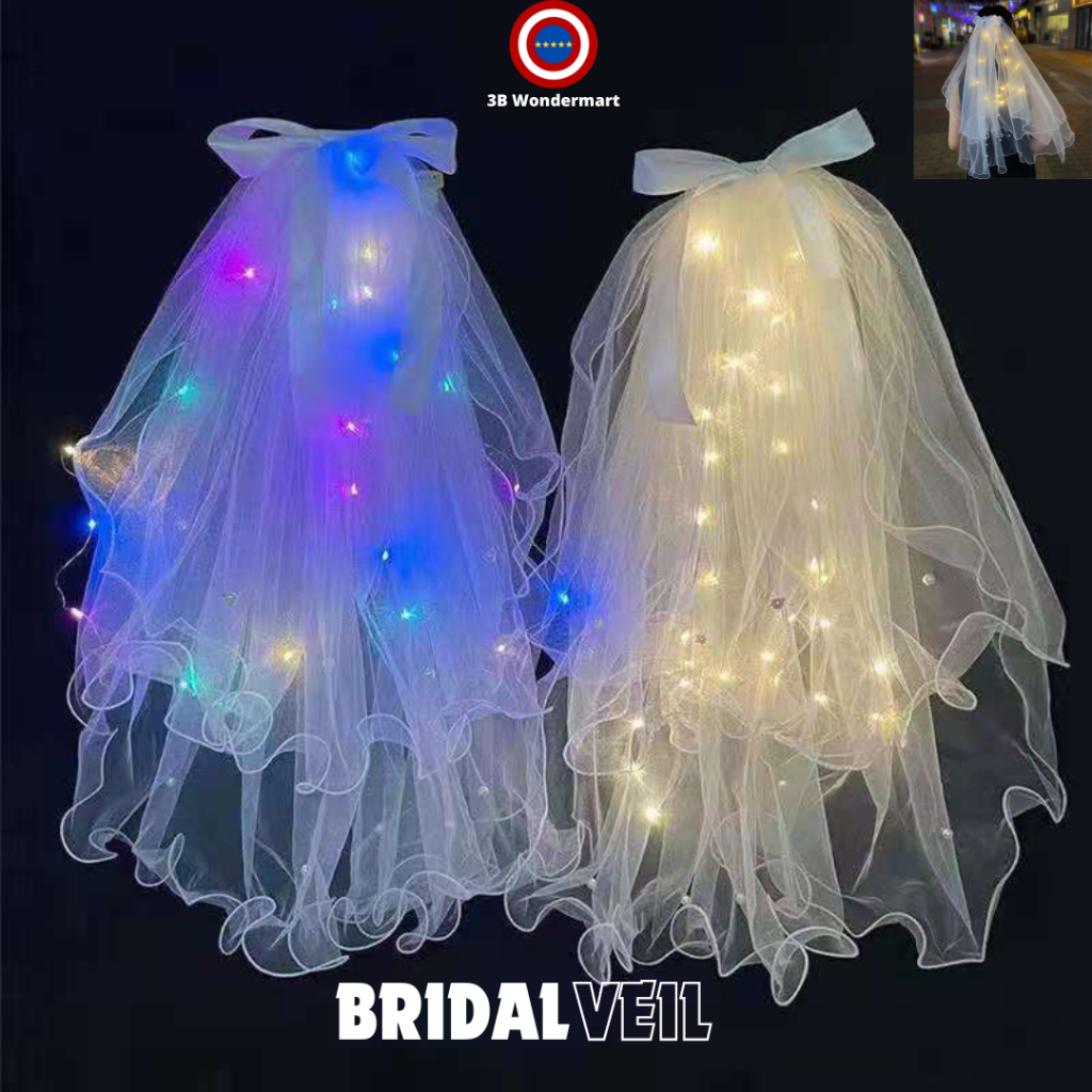 LED Lights Pearls Ribbon Bow Bridal Veil Multi-Color Double Layer Short ...