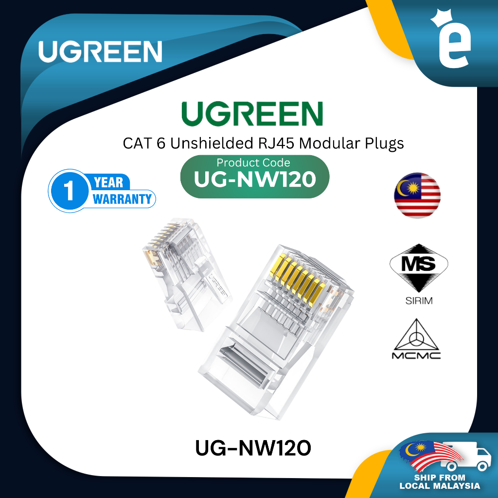 UGREEN NW120 CAT6 UNSHIELDED RJ45 NETWORK CONNECTOR PLUG FOR UTP CAT 6 WITH GOLD PLATED 3U 50PCS ...