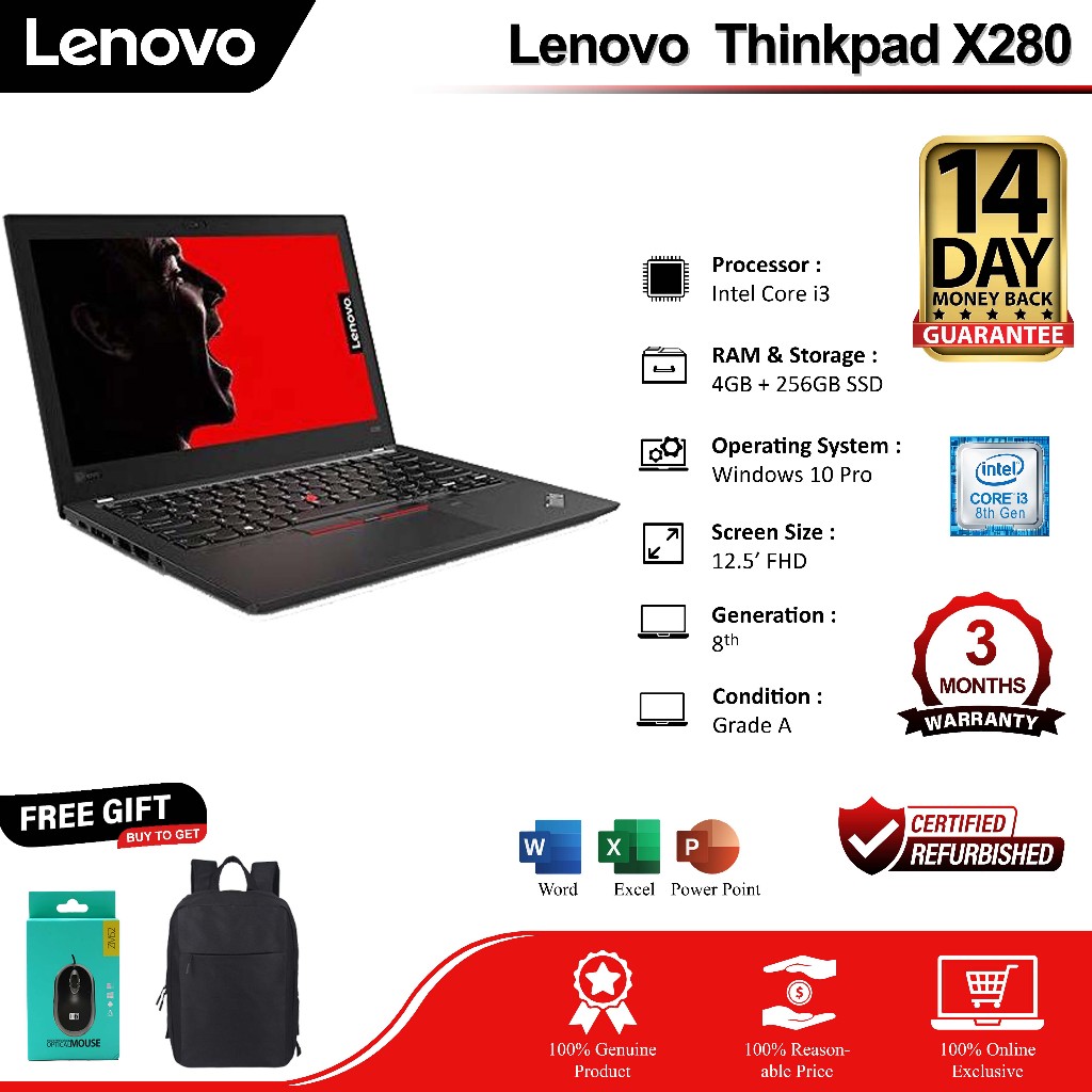 LENOVO THINKPAD X280 12.5" INTEL CORE i3/i5 8TH GEN - 4GB RAM - 256GB ...