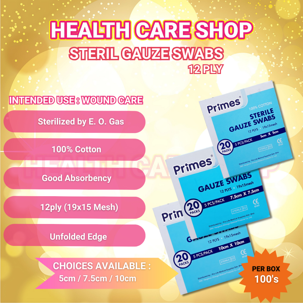 Primes Sterile Gauze Swabs 19 x 15 mesh 100% Cotton gauze 12 PLYS ...