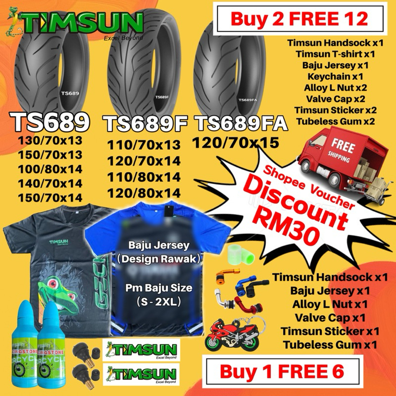 🇲🇾 12 Free Gifts + RM30 OFF 🔥 Timsun Tayar Motor TS689 13/14/15inch ...