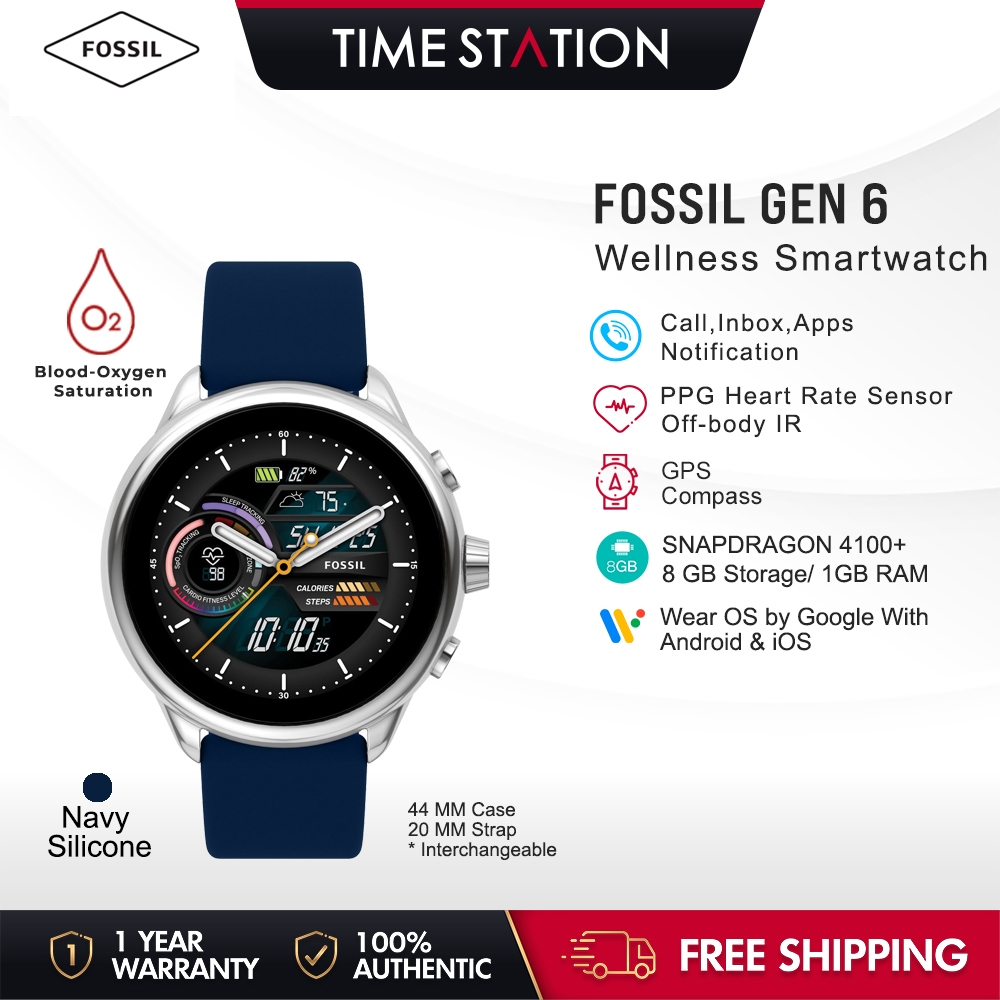 Fossil Gen 6 FTW4070 Navy Silicone Wellness Edition Waterproof ...