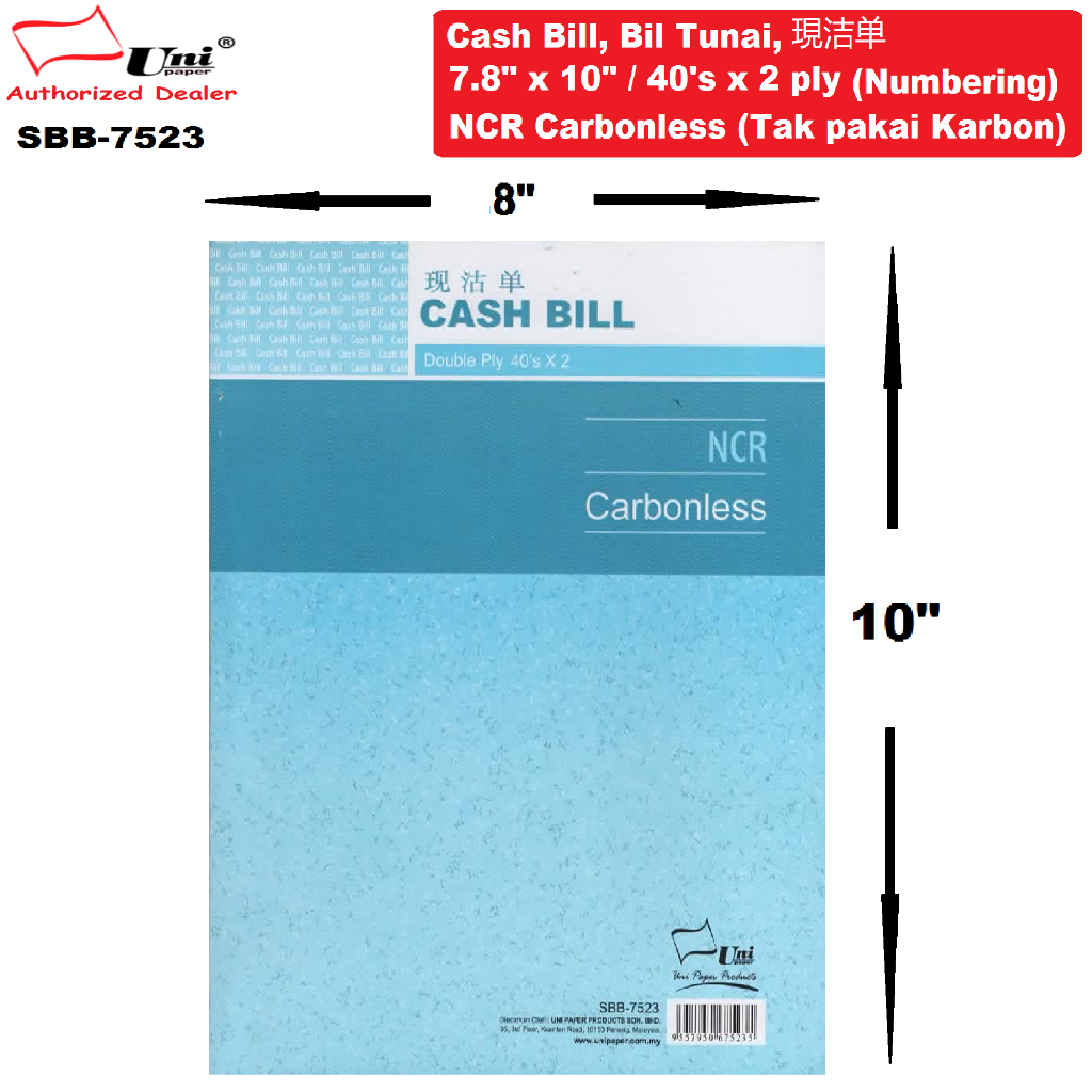 Uni Paper Cash Bill 8" X 10" NCR CARBONLESS with Numbering Book Buku ...