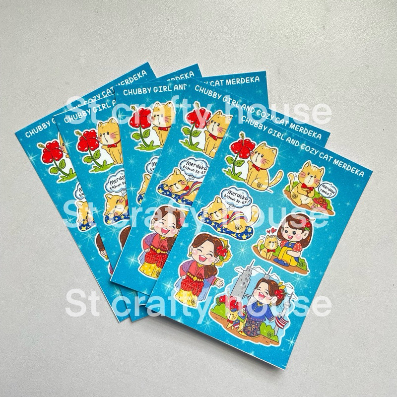 MERDEKA STICKER GLITTER cute chubby girl and cozy cat | Shopee Malaysia