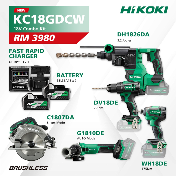 HIKOKI 18V COMBO KIT - KC18GDCW ( DH1826DA / DV18DE / WH18DE / G1810DE / C1807DA ) | Shopee Malaysia