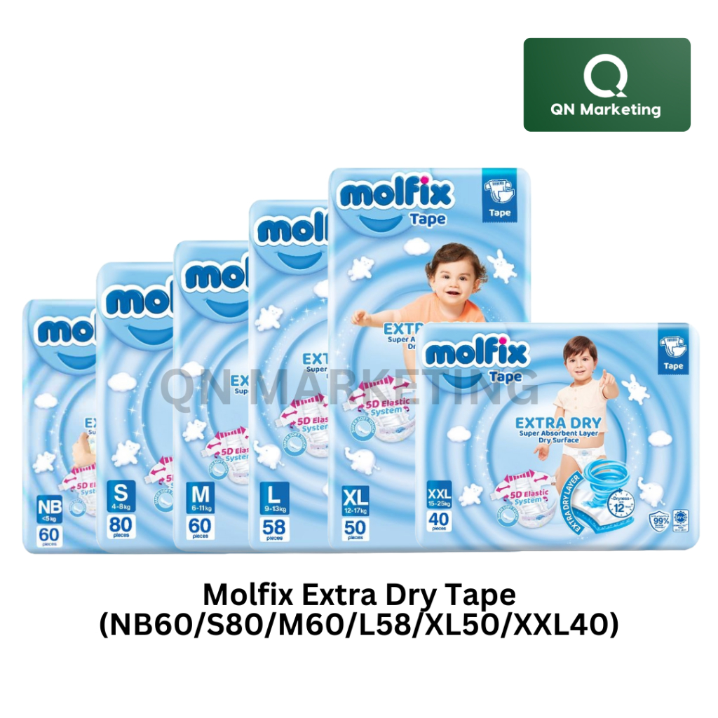 Molfix Extra Dry Tape Diaper NB60/S80/M60/L58/XL50/XXL40 (3 Packs ...
