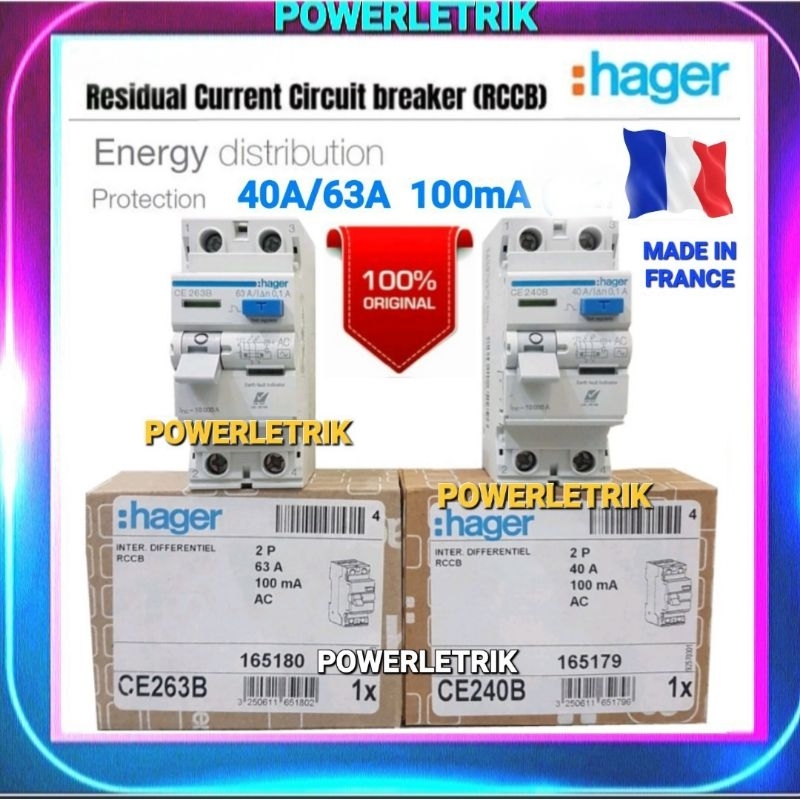 HAGER CE240B 2 POLE 40A & HAGER CE263B 2POLE 63A 100mA RCCB ELCB SINGLE PHASE WITH SIRIM ...