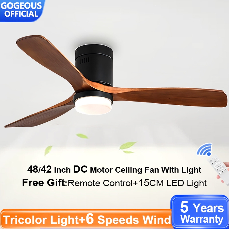 GOGEOUS Solid Wood Blade Ceiling Fan with Light 48/42" Remote DC ...
