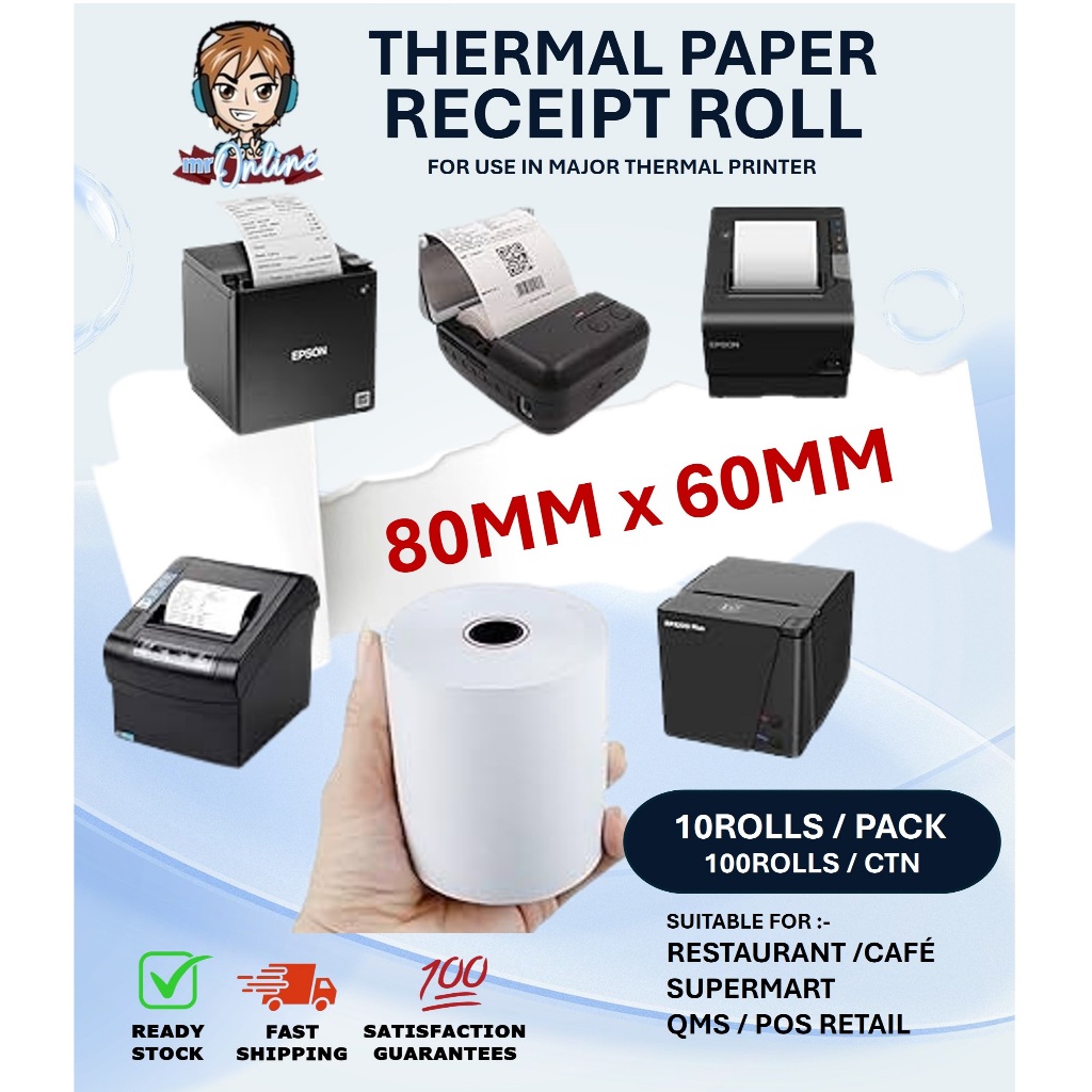 Thermal Receipt Printer Paper Roll 80mm x 60mm (1 Set of 10 Rolls ...