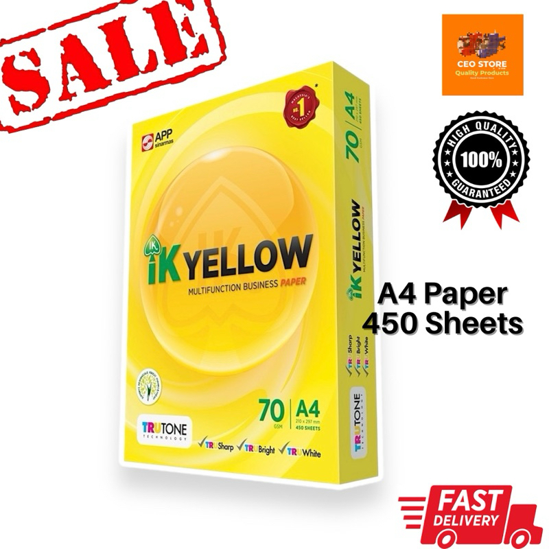 IK Yellow A4 Paper All Purpose 70gsm 450 Sheets High Quality 1ream ...