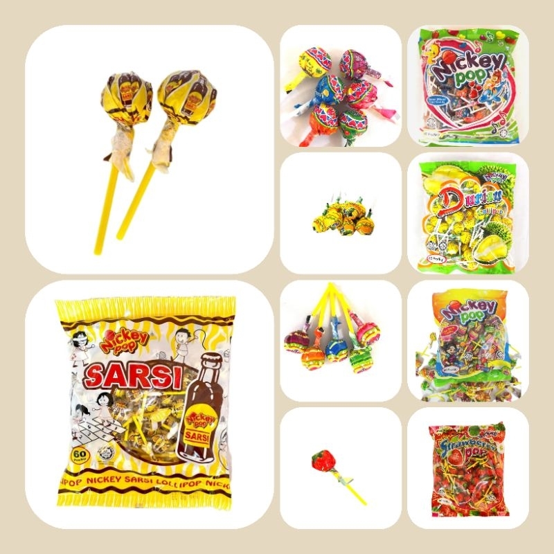 Nickey 50's Lollipop Sarsi Mix Fruit Sour Durian Strawberry Pop Childhood Snacks Kedai Borong ...