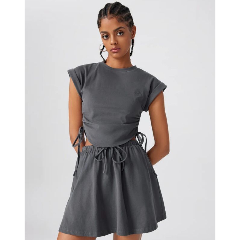 CIDER Set Wear Solid Drawstring Short Sleeve Top & Ruffle Mini Skirt | Shopee Malaysia